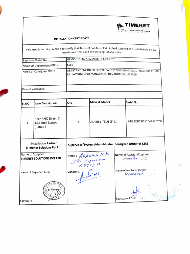 Laptop-Acer Installation Certificate | PDF