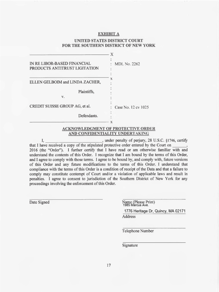 LIBOR - Acknowledgement of Protective Order-Confidentiality Undertaking ...