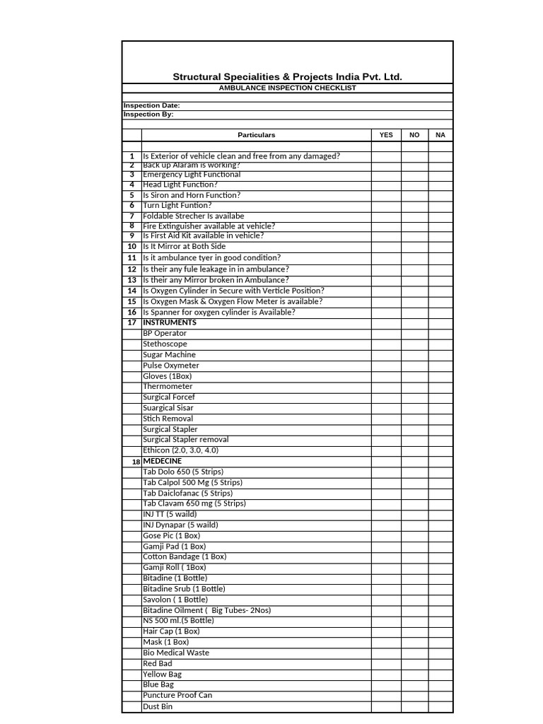 Ambulance Checklist | PDF