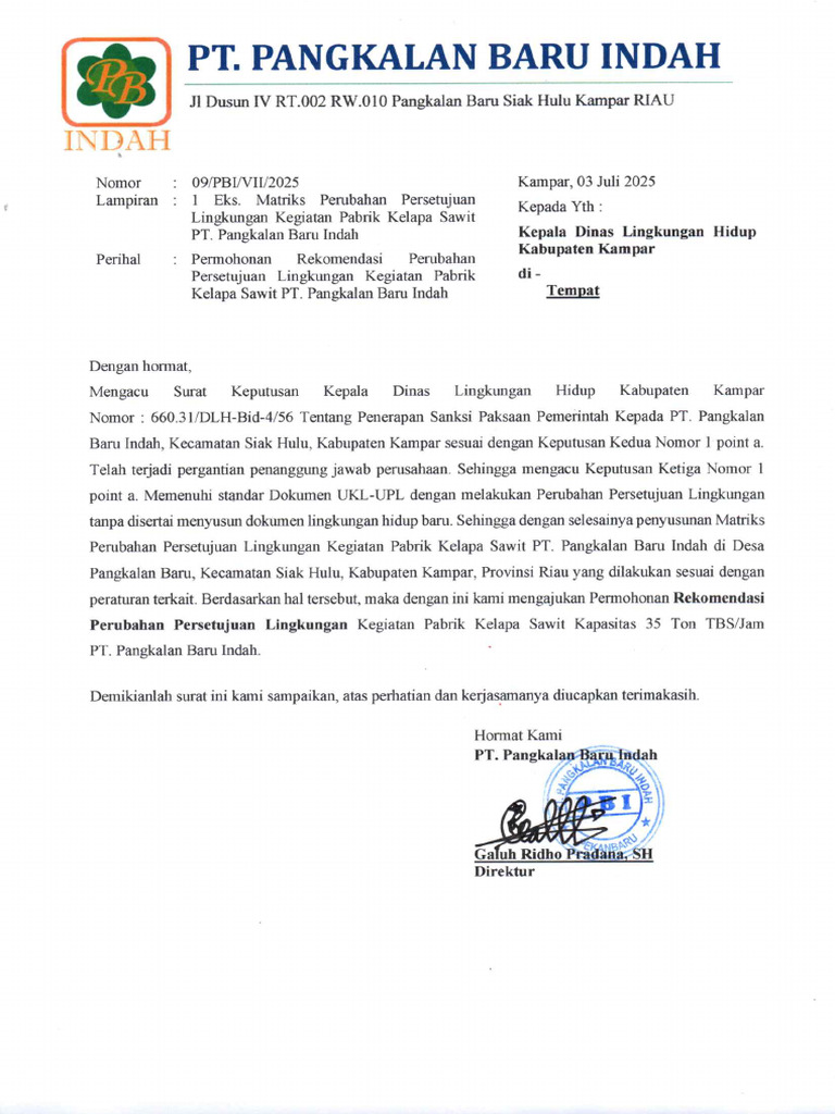 Surat Permohonan Rekomendasi Persetujuan Perubahan Lingkungan Kegiatan ...