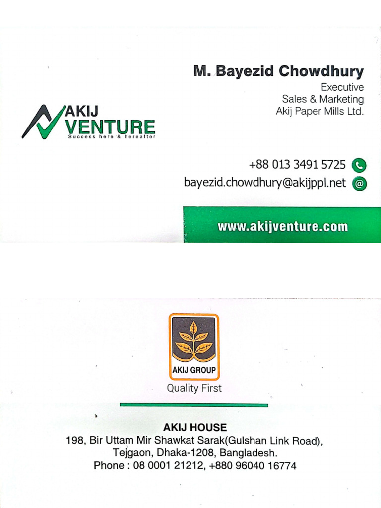 Bayezid - Visiting Card - Akij Venture LTD | PDF