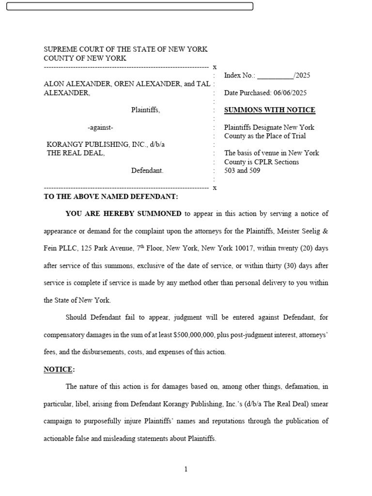 2025 Alon Alexander Et Al V Alon Alexander Et Al Summons With Notice 1 ...