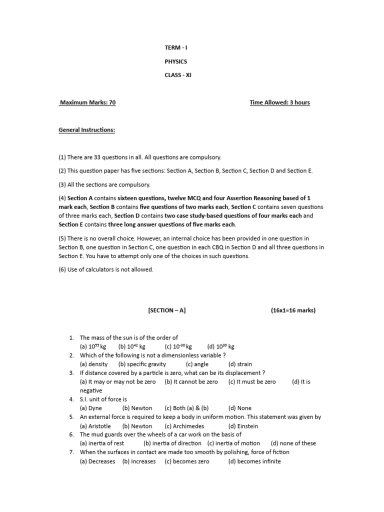 Question Paper Physics Term - 1 (2025-26) | PDF | Force | Velocity