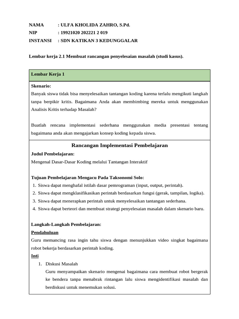 Modul 2 Lembar Kerja 2.1 Membuat Rancangan Penyelesaian Masalah (Studi Kasus) . | PDF