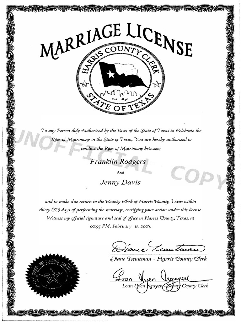 Harris County Marriage License Example | PDF