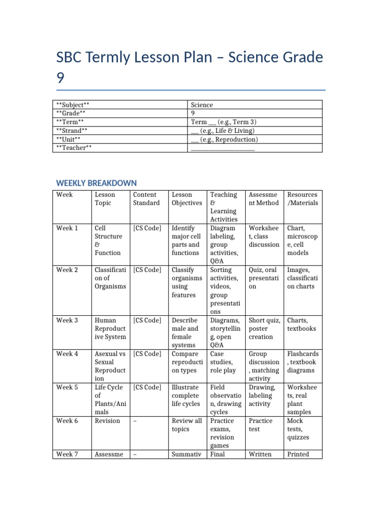 SBC Grade9 Science Termly Lesson Plan | PDF | Lesson Plan | Educational ...