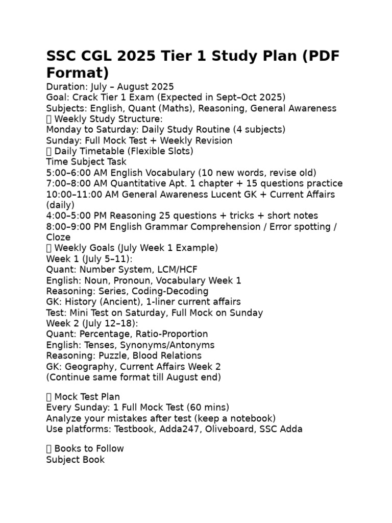 SSC CGL 2025 Tier 1 Study Plan (PDF Format) | PDF