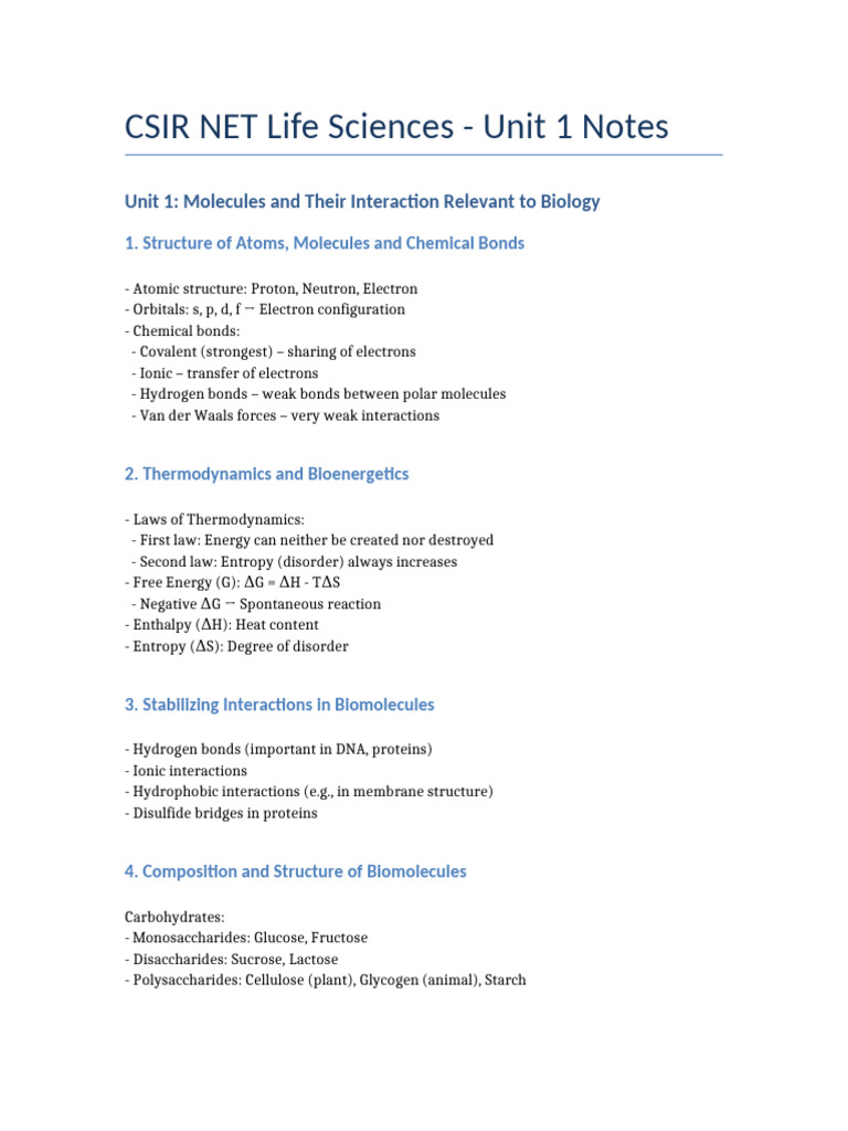 CSIR NET LifeSciences Unit1 Notes | PDF | Biomolecules | Molecular ...