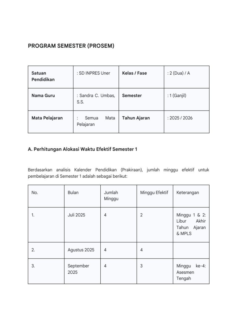 Prosem Kelas 2 Semester 1 | PDF