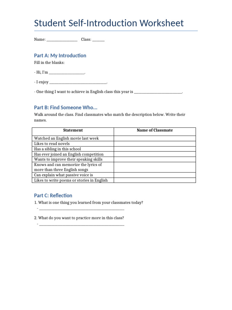 Student Self Introduction Worksheet | PDF
