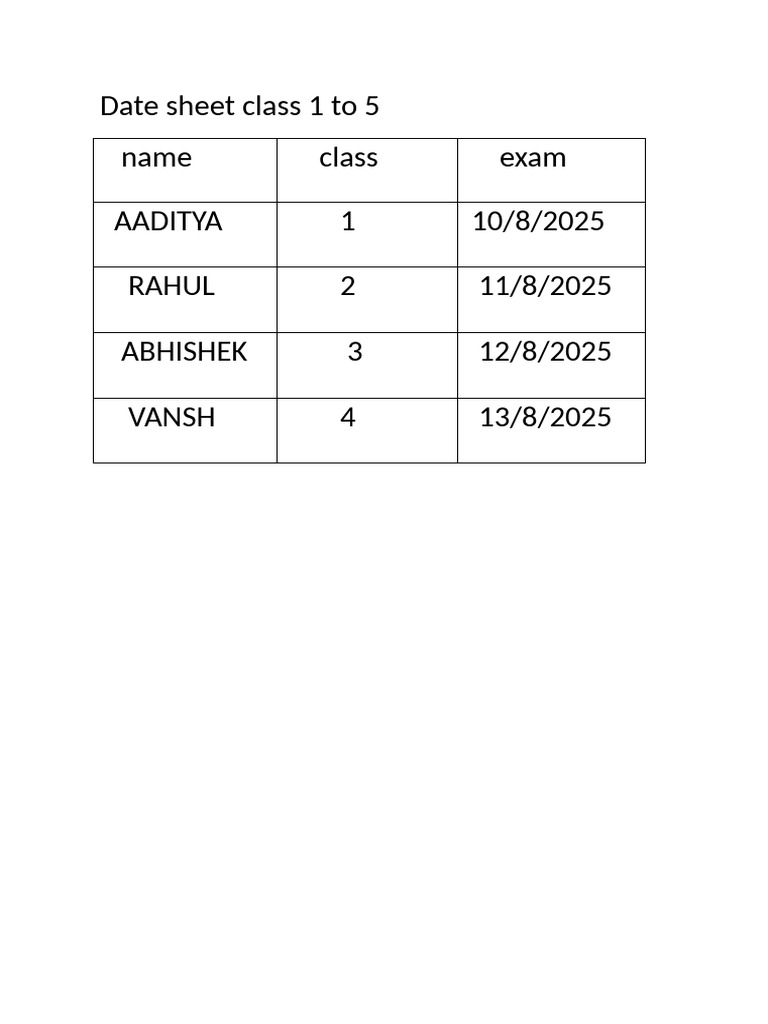 Class 1-5 Exam Date Sheet 2025 | PDF