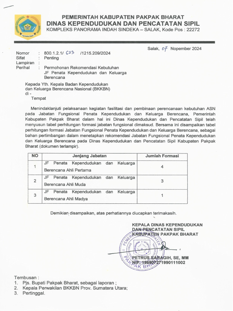 Permohonan Rekomendasi PENATA KKB PAKPAK BHARAT | PDF
