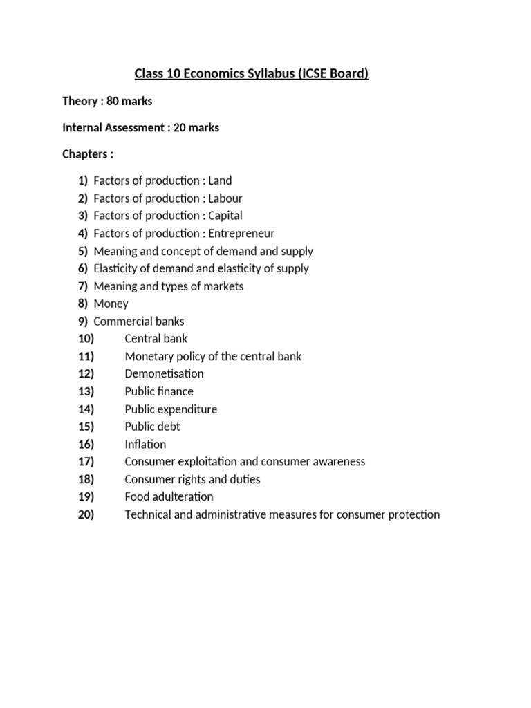 Class 10 Economics Syllabus ICSE Board | PDF