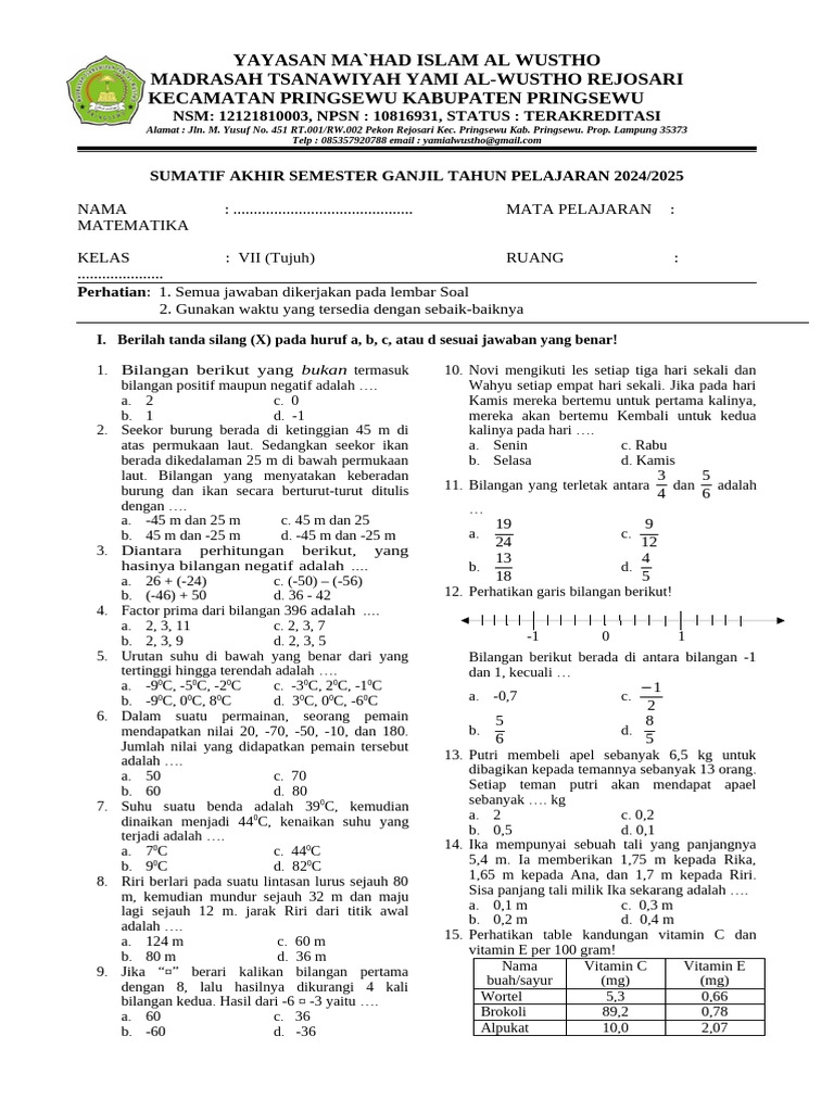 Soal Sumatif MTK Kelas VII Ganjil 2024 | PDF