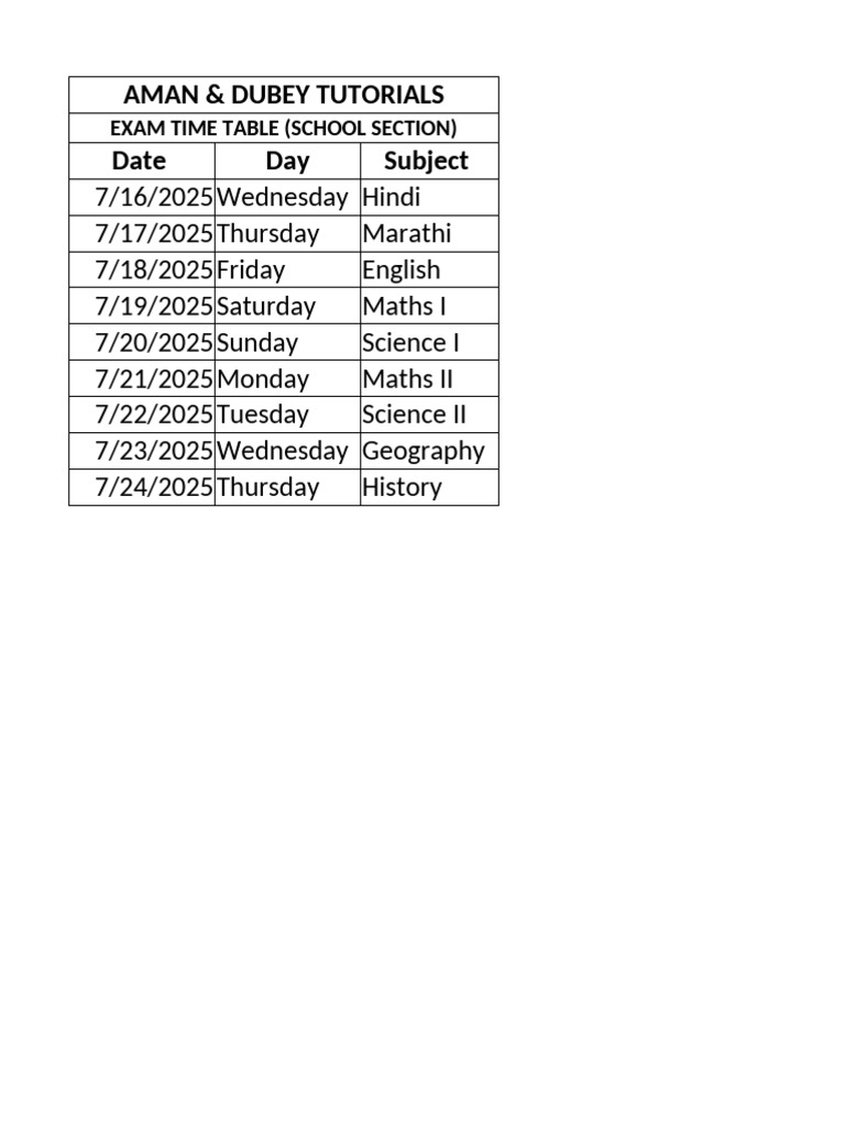 Exam Time Table | PDF