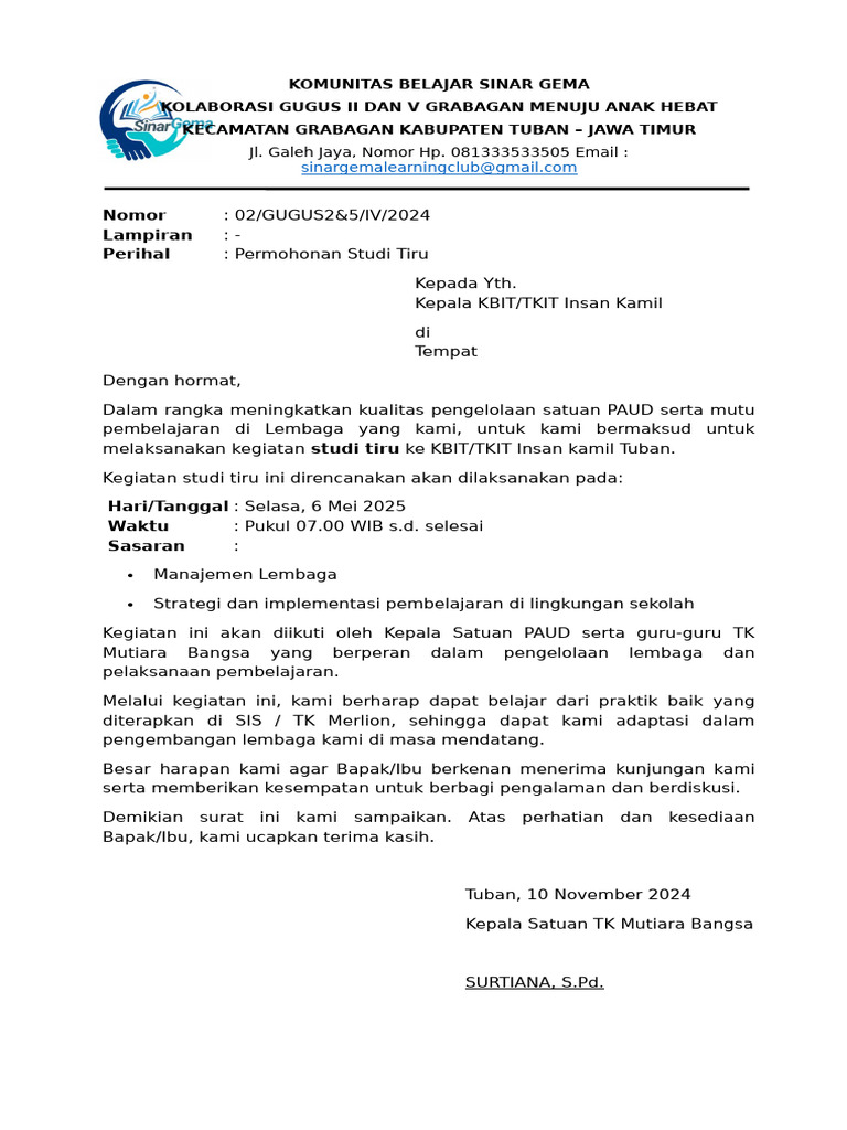 Surat Permohonan Study Tiru | PDF