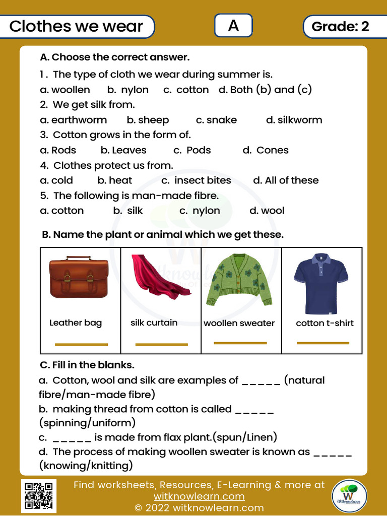 Clothes We Wear Worksheet for Grade 2 | PDF | Silk | Cotton