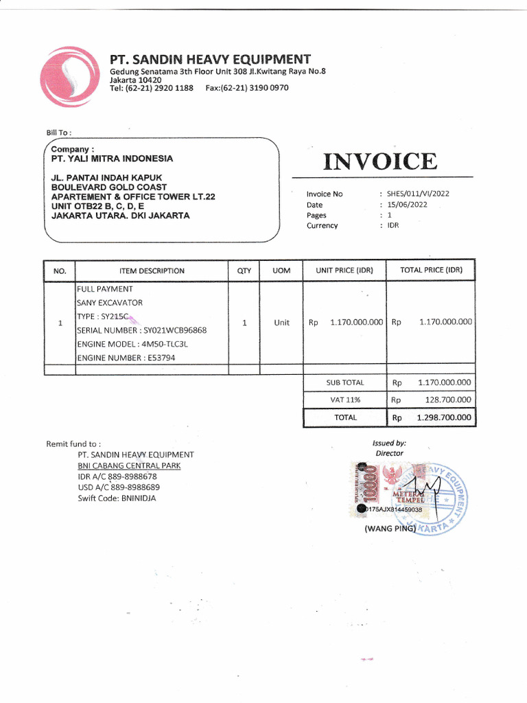 Invoice Pembelian SANY Excavator IDR | PDF