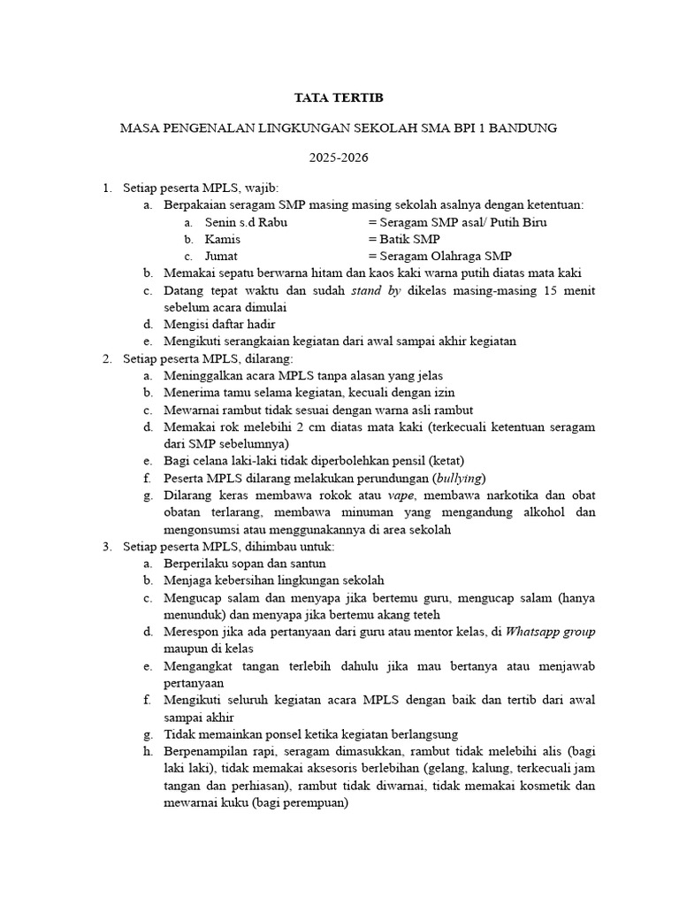 Tata Tertib MPLS SMA BPI 1 Bandung 2025-2026 | PDF