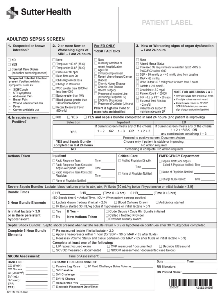 Adult Sepsis Screen EDT-139 | PDF | Sepsis | Urinary Tract Infection