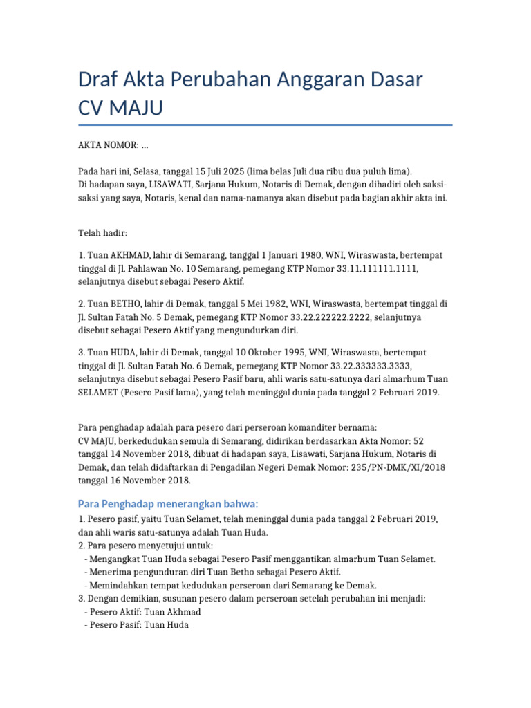 Draf Akta Perubahan CV MAJU | PDF