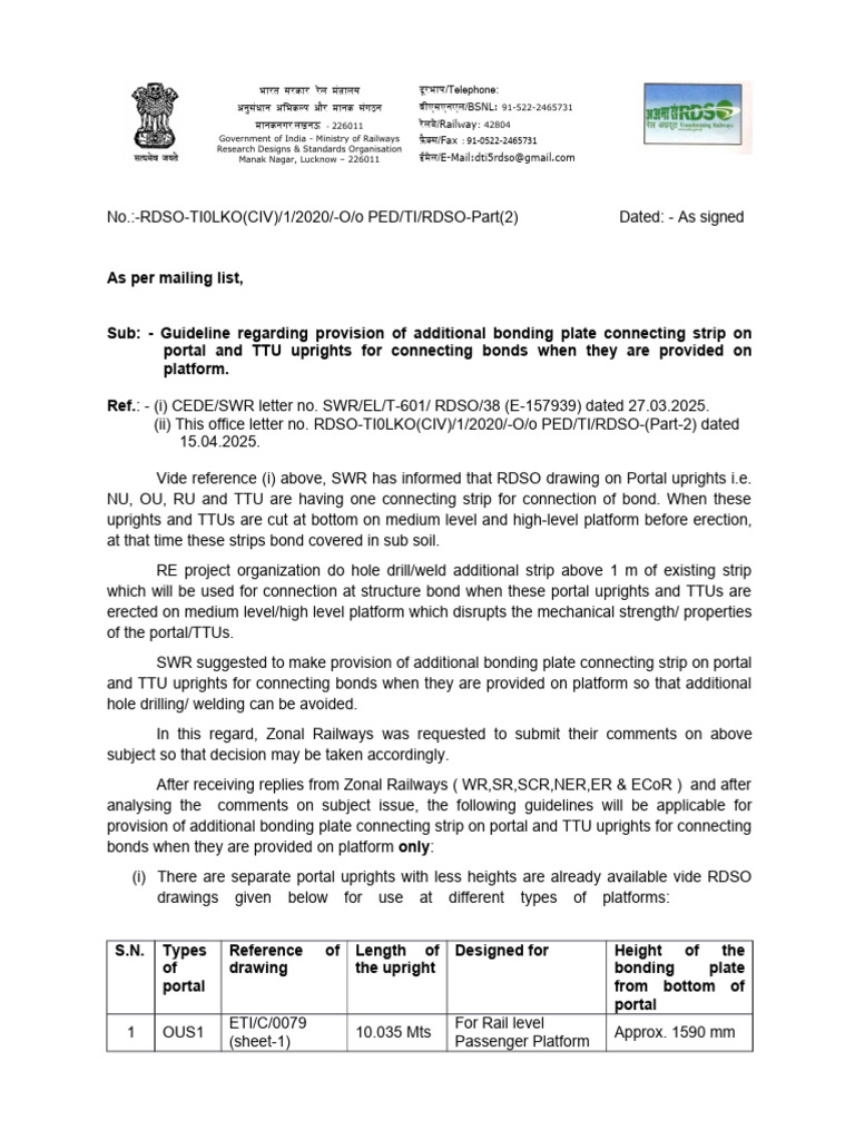 Letter To All Zonal Railways Regarding Bond Plate On Platform Level ...