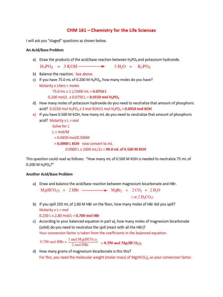 161 Acid-Base Problems Ans | PDF | Mole (Unit) | Phosphoric Acid