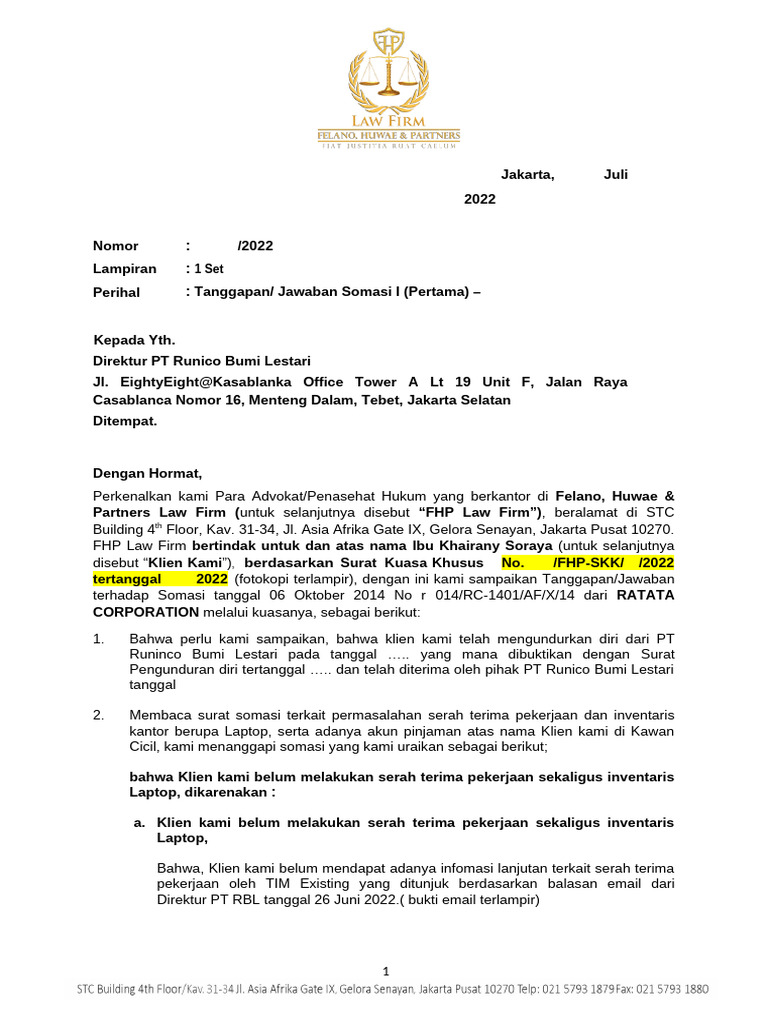 Tanggapan Somasi PT Runinco Bumi Lestari | PDF