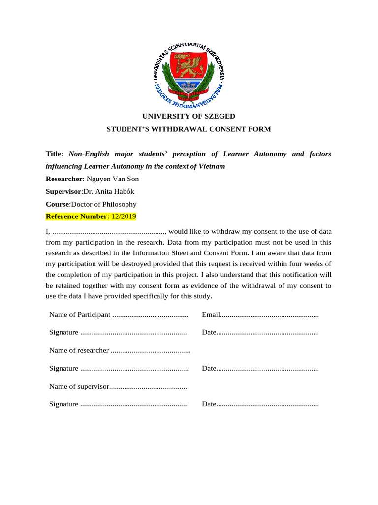 Student Consent Form Withdrawal | PDF