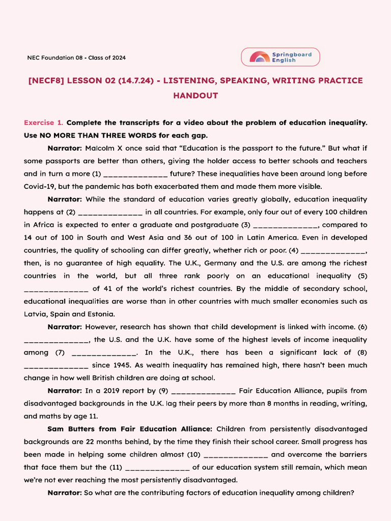 (NECF8) Lesson 02 (14.7.24) - Listening, Speaking, Writing Practice ...