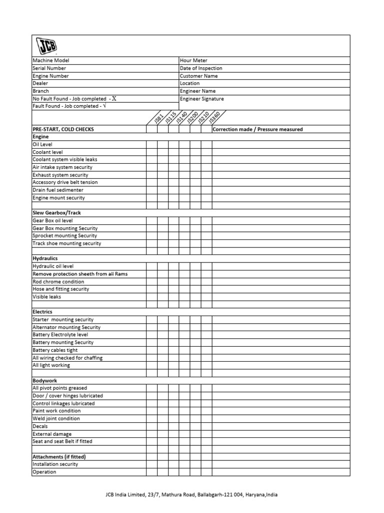 Excavator Pre-Delivery Inspection Checklist | PDF | Engines | Manual ...