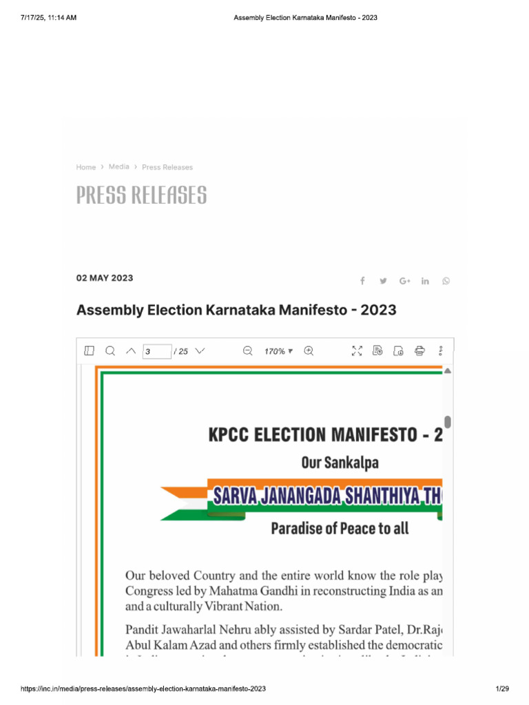 Karnataka INC Manifesto 2023 | PDF