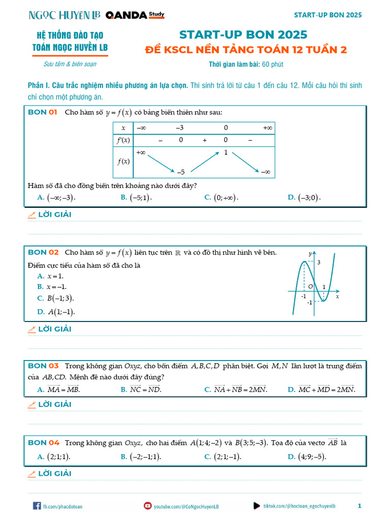 (Ngọc Huyền LB) Đề KSCL Kiến Thức Nền Tảng Toán 12 BON 2025 Tuần 2 (Handout) | PDF