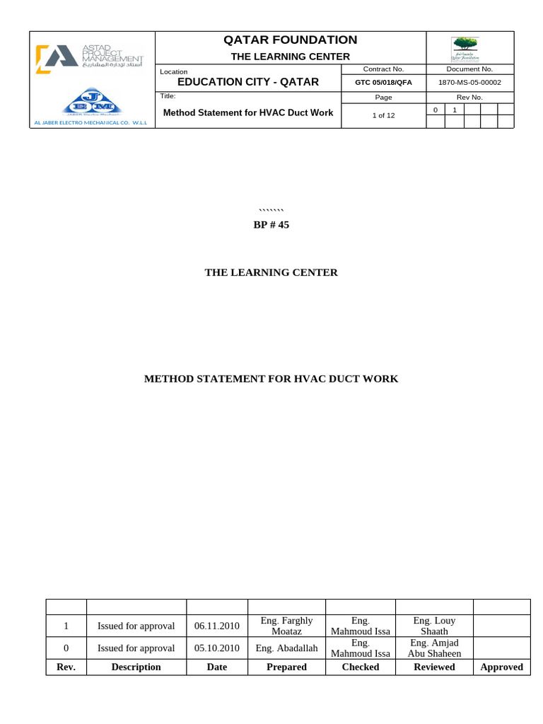 Method Statement For HVAC Duct | PDF | Duct (Flow) | Thermal Insulation