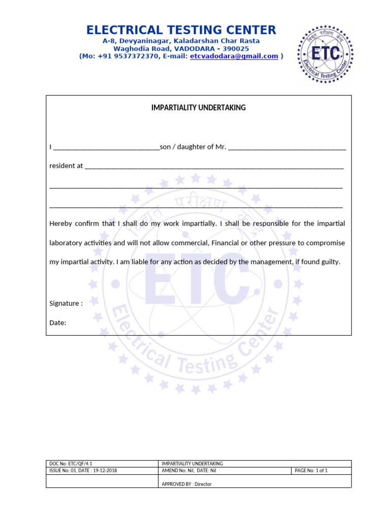 ETC D QF 4.1 Impartiality Undertaking | PDF
