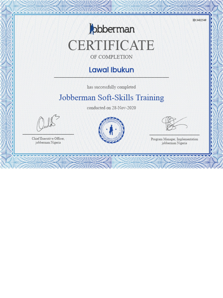 Jobberman Soft Skill Certificate 3482549 | PDF