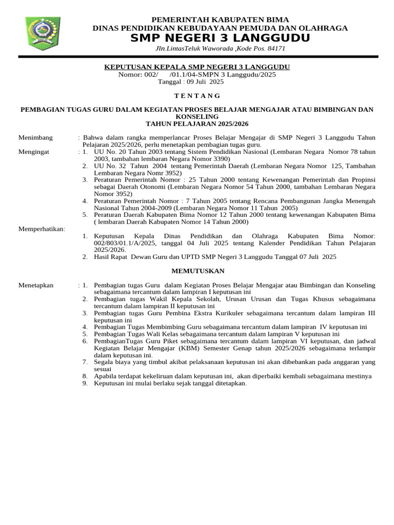 SK Pembagian Tugas Ganjil 2025-2026 | PDF