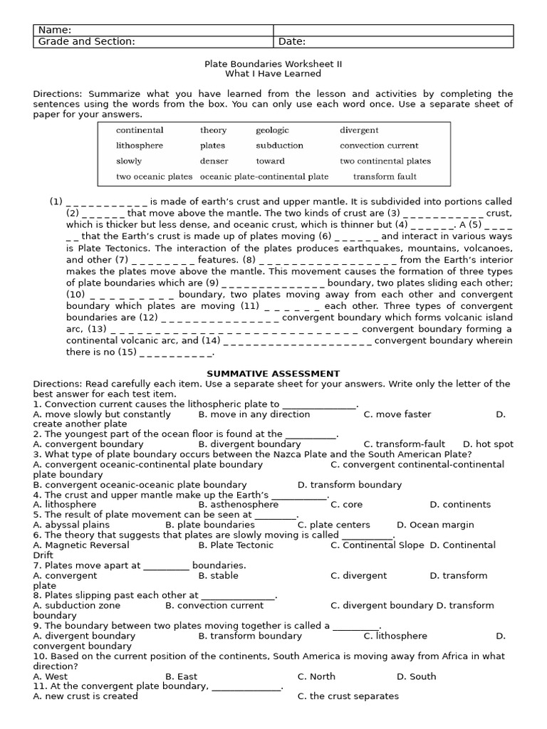 Plate Boundaries Worksheet 2 | PDF | Plate Tectonics | Structure Of The ...