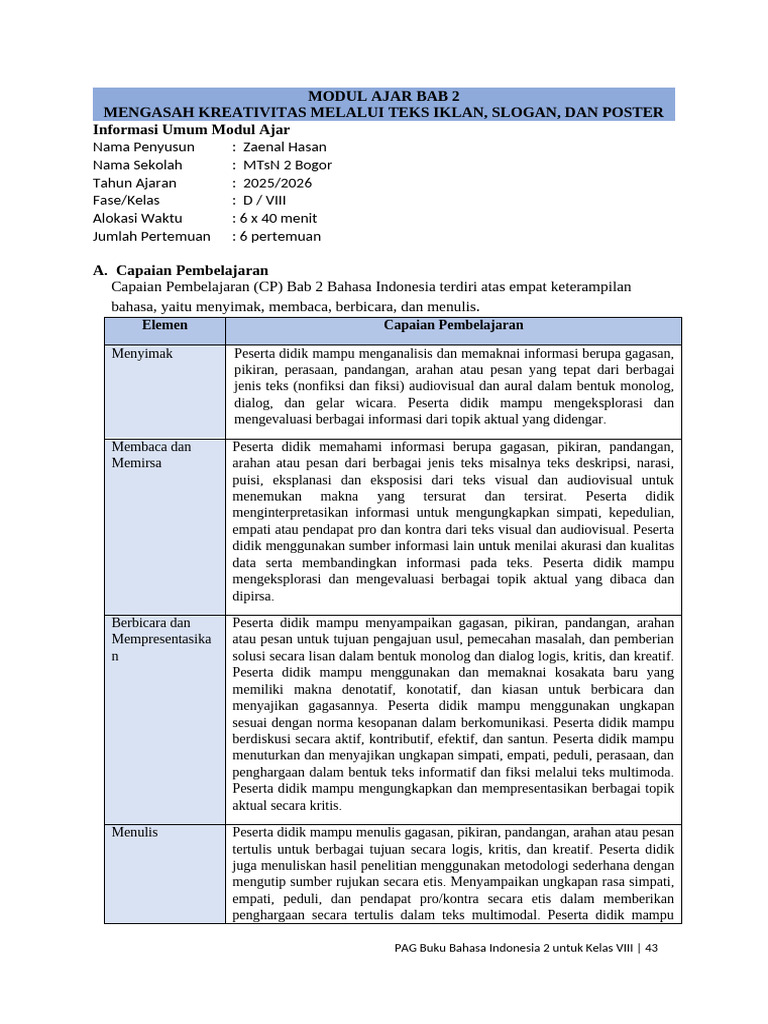 7.2 Modul Ajar Bab 2 - Bahasa Indonesia SMP Kelas VIII | PDF | Karier & Perkembangan | Seni