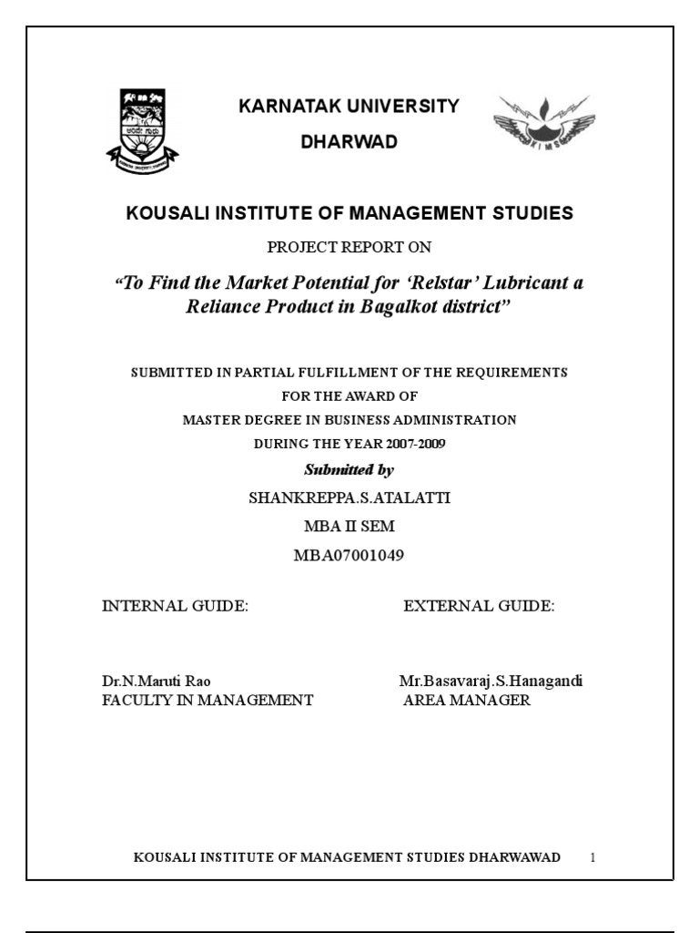 To Find The Market Potential For Relstar' Lubricant A Reliance Product ...