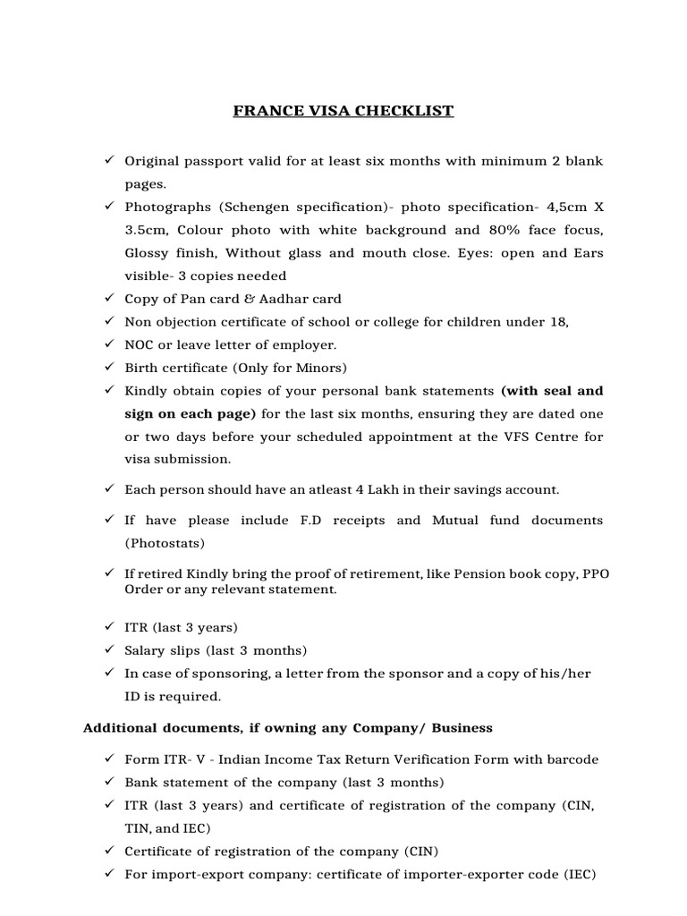 France Visa Document Checklist | PDF