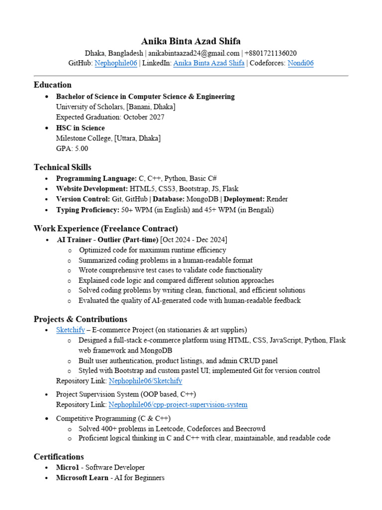 Anika Binta Azad Shifa: Education | PDF