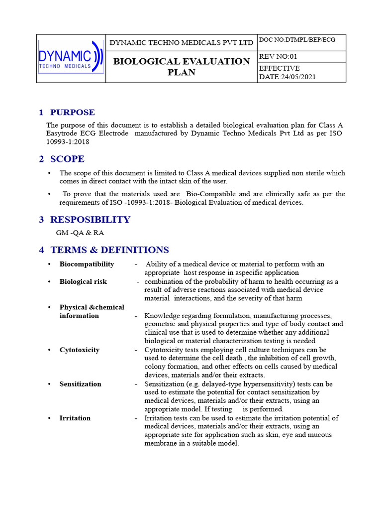 Biological Evaluation Plan for ECG Electrode | PDF | Toxicity | Medical ...