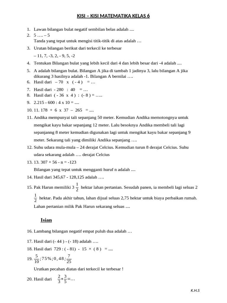 Kisi MTK Kelas 6 | PDF