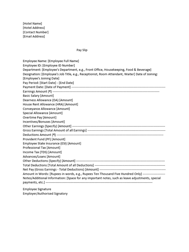 Hotel Salary Slip Template | PDF