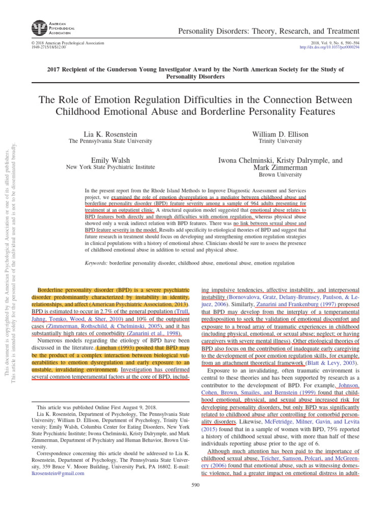 The Role of Emotion Regulation Difficulties in The Connection Between Childhood Emotional Abuse ...