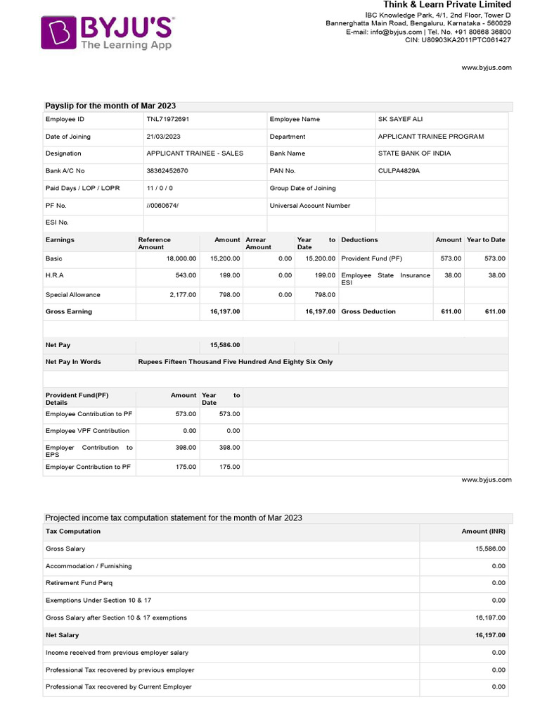 BYJU's Payslip of March | PDF | Tax Deduction | Taxes