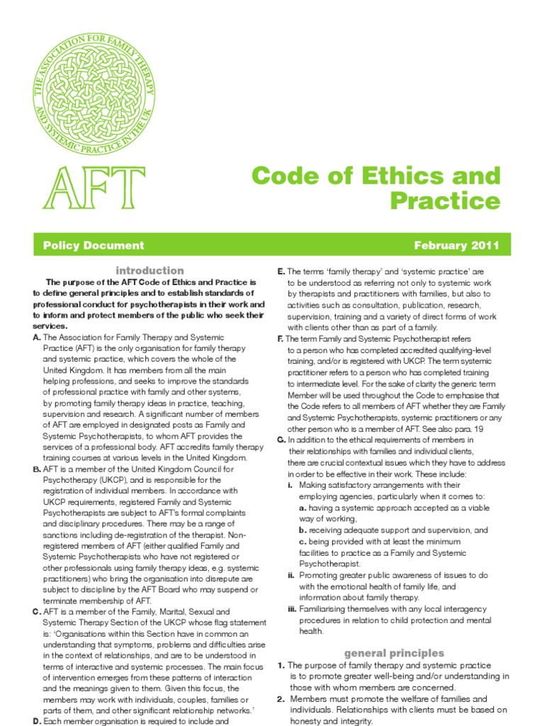 AFT Code of Ethics for Psychotherapists | PDF | Family Therapy ...