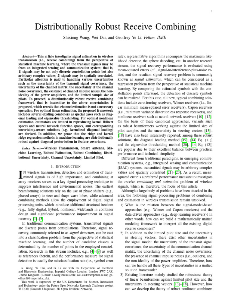 Distributionally Robust Receive Combining: Shixiong Wang, Wei Dai, and Geoffrey Ye Li | PDF ...