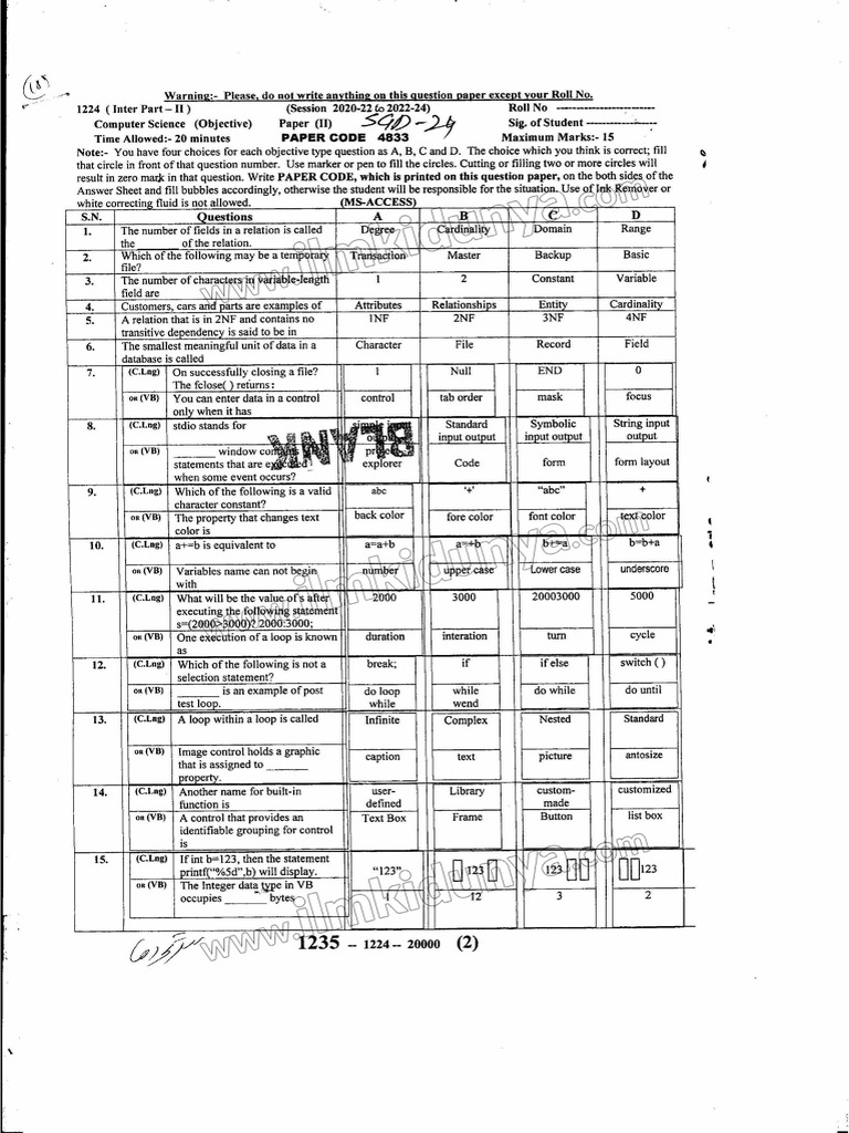 Past Paper 2024 Sargodha Board Class 12th Computer Science Objective | PDF